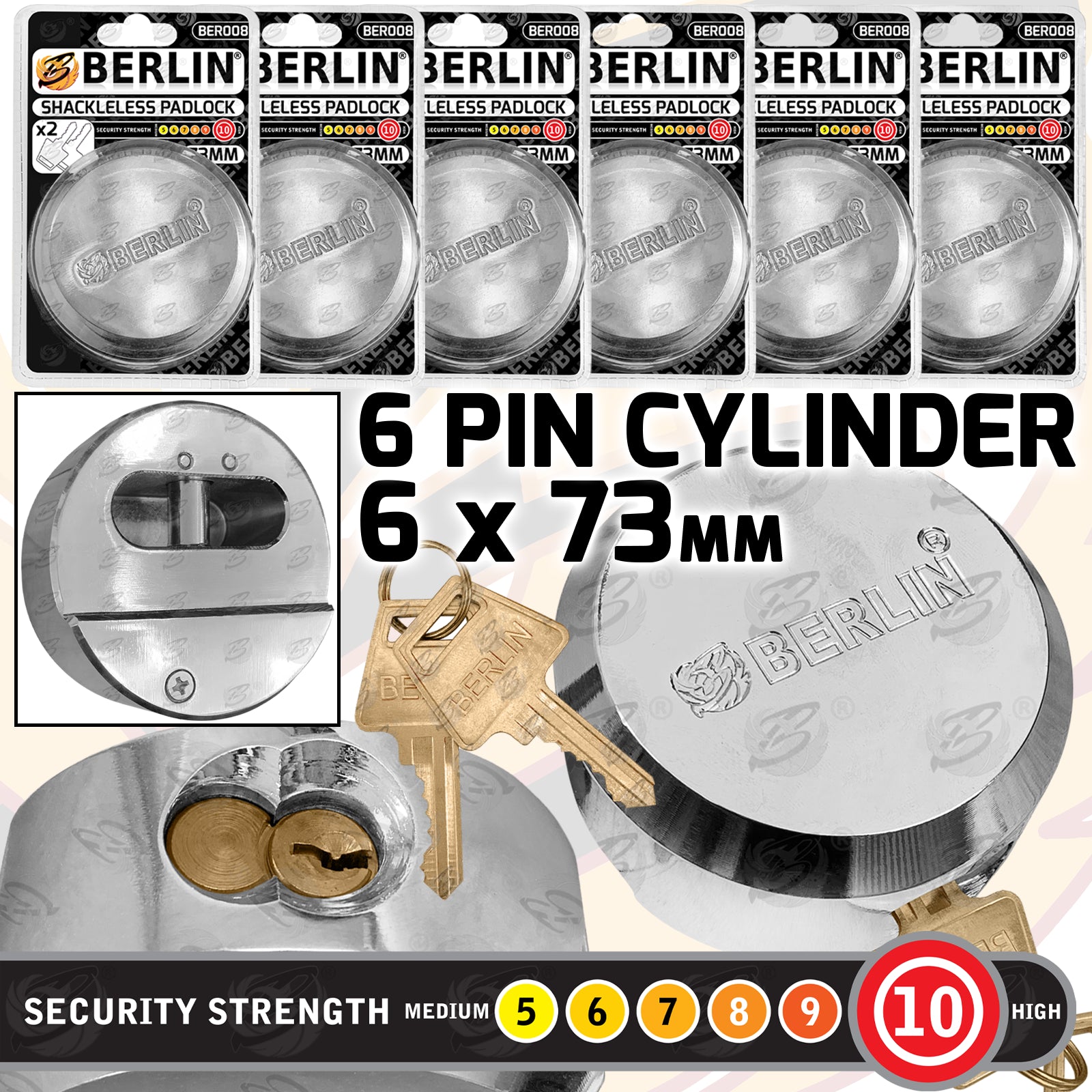 BERLIN 73MM HEAVY DUTY ROUND SHACKLELESS PADLOCK ( x6 )