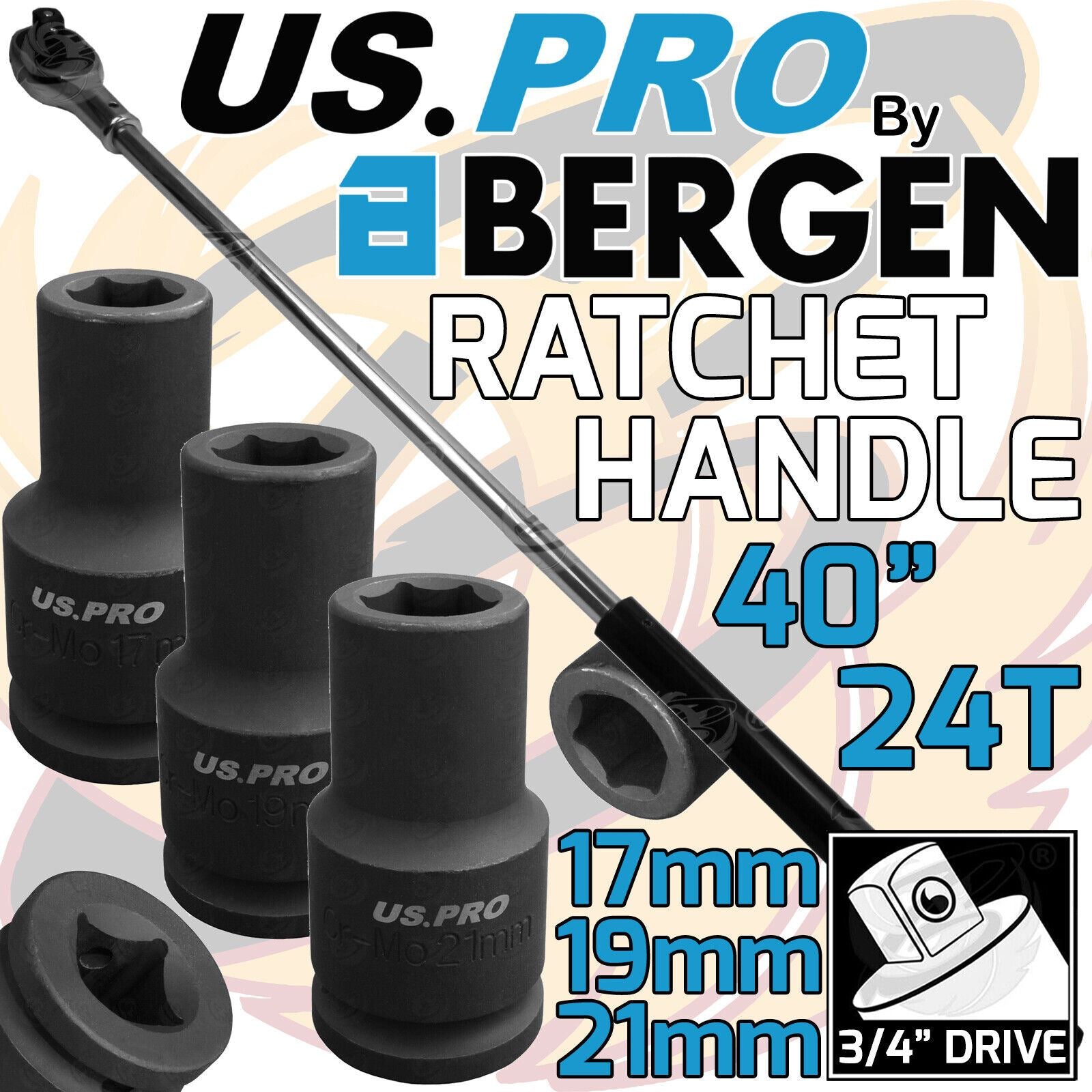 US PRO 3/4" DRIVE 24 TOOTH 1000MM LONG RATCHET HANDLE & 17MM - 19MM