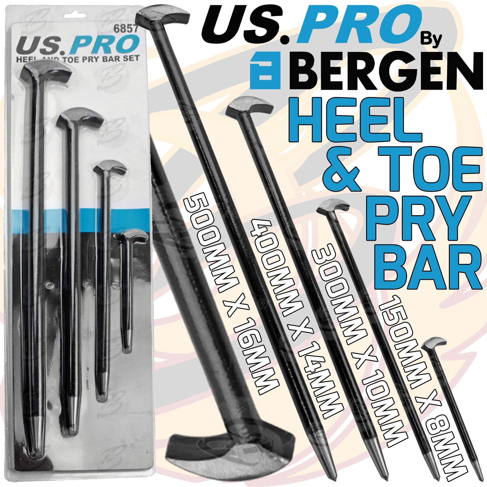 US Pro Heel Toe Pry Bar Set 4 Piece Podgers Pry Toe Bar 150mm 300mm 40